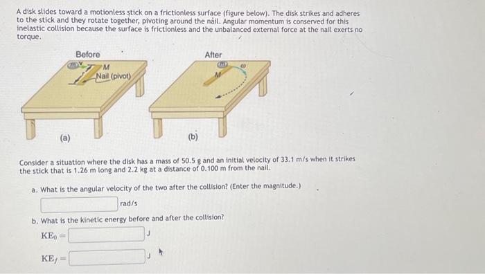 Solved A disk slides toward a motionless stick on a | Chegg.com