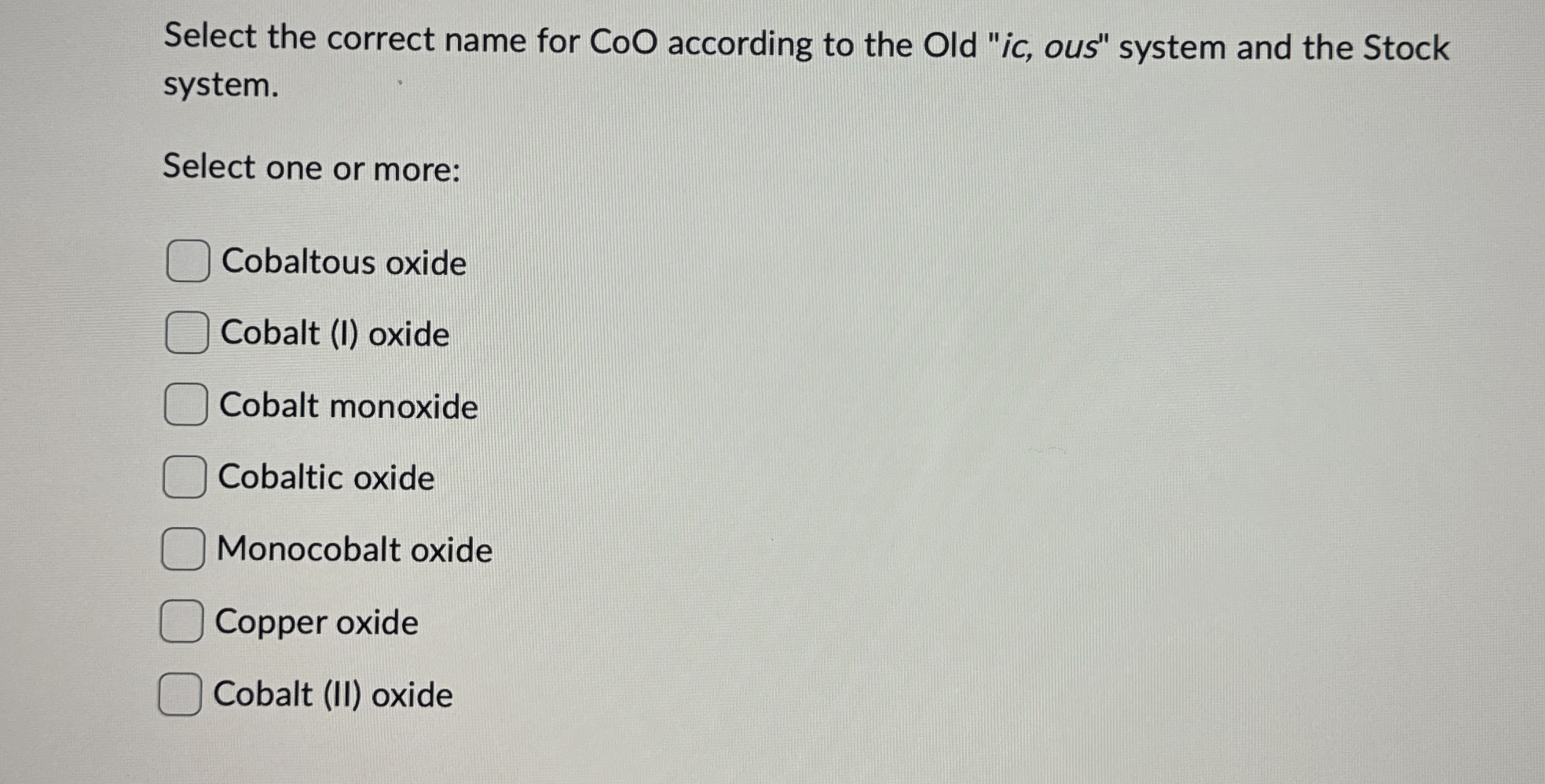 Solved Select the correct name for CoO according to the Old | Chegg.com