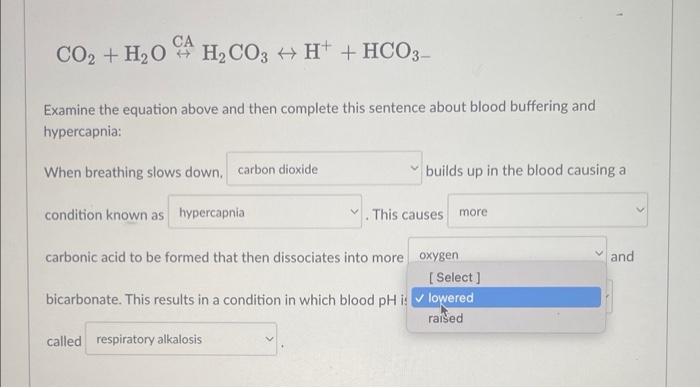 Solved CO2+H2O↔CAH2CO3↔H++HCO3− Examine the equation above | Chegg.com
