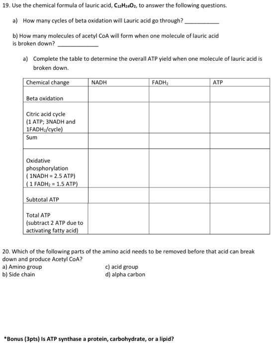 Solved 19. Use the chemical formula of lauric acid, C12H2O2, | Chegg.com