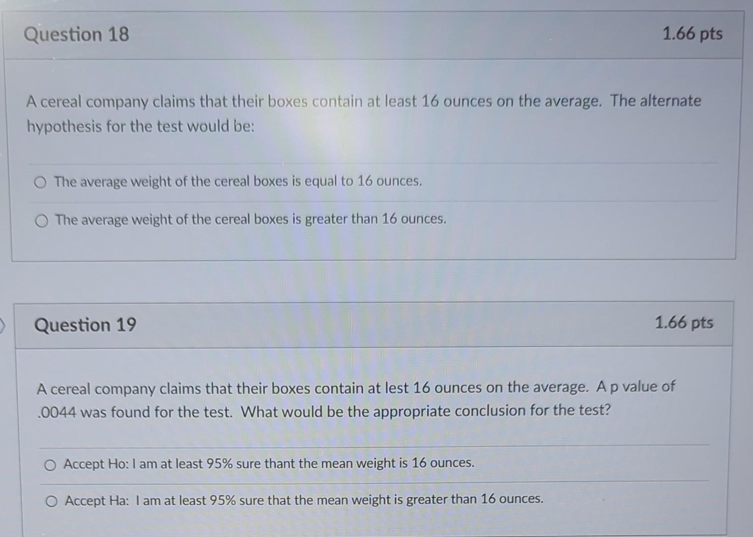 Solved A cereal company claims that their boxes contain at | Chegg.com