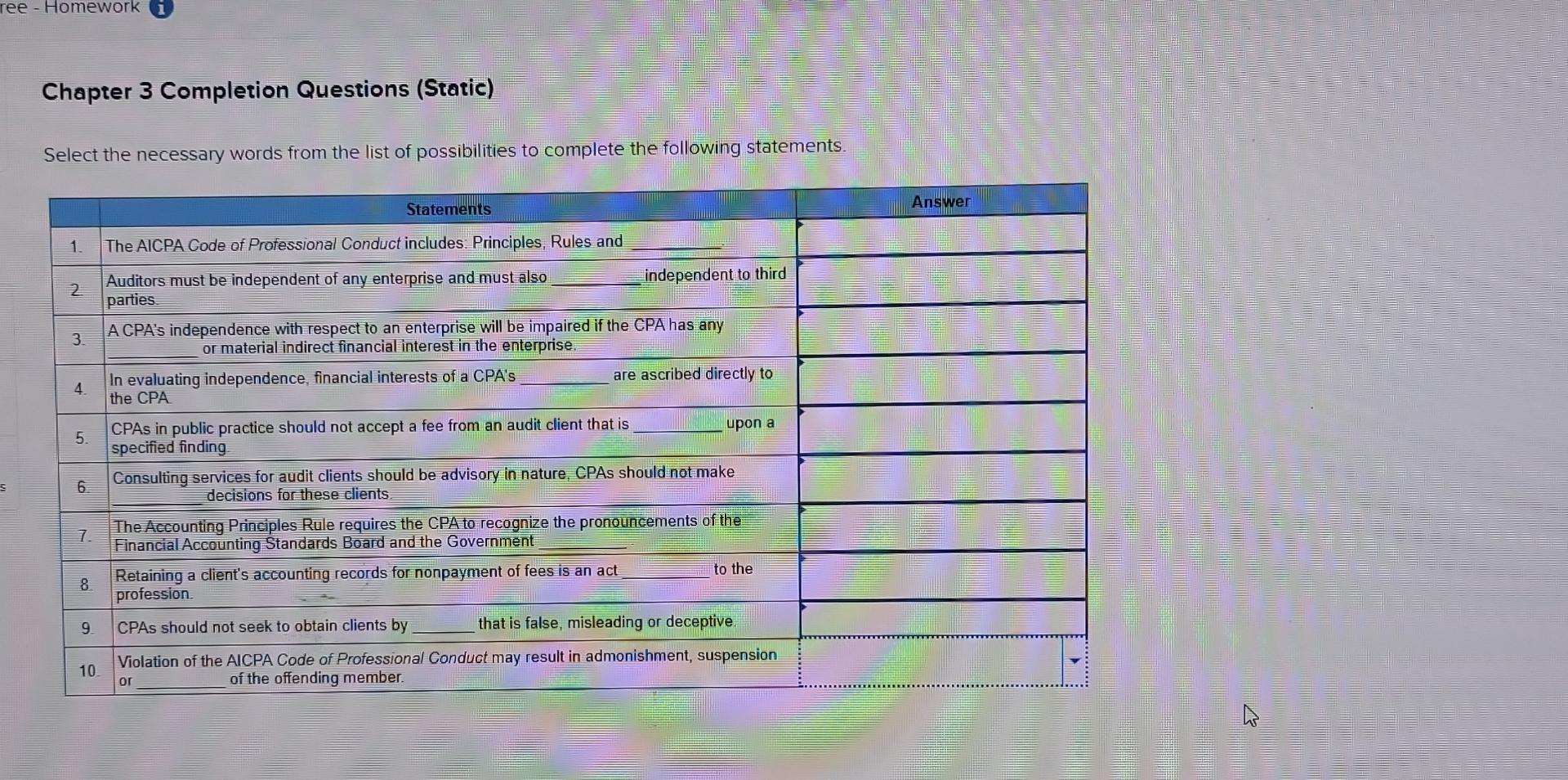Solved Chapter 3 completion Questions Static Select The