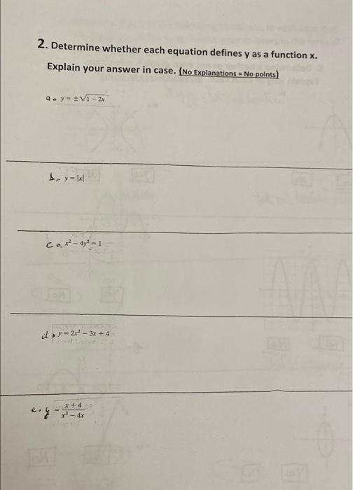 Solved 2. Determine whether each equation defines y as a | Chegg.com