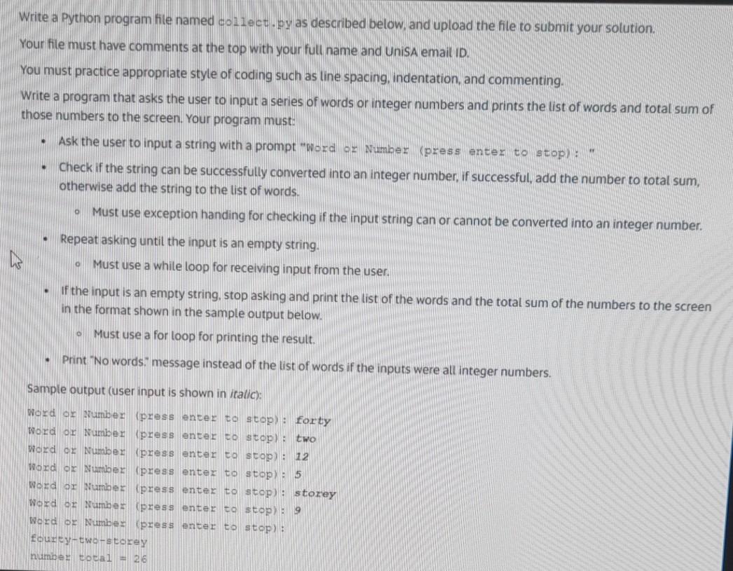 Solved Write A Python Program File Named Collectpy As