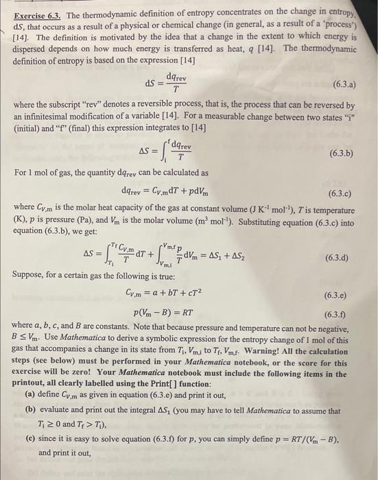 Solved Exercise 6.3. The thermodynamic definition of entropy | Chegg.com