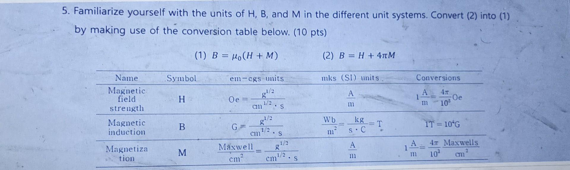 Solved 5. Familiarize yourself with the units of H,B, and M | Chegg.com