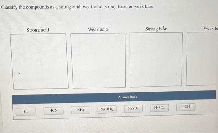 Solved Classify the compounds as a strong acid, weak acid, | Chegg.com