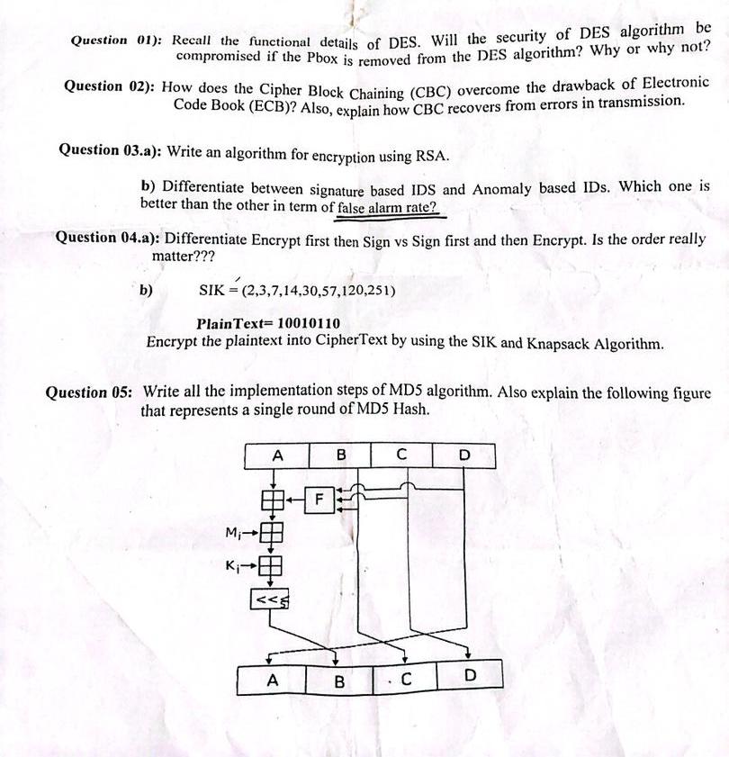 Solved Question 01): Recall the functional details of DES. | Chegg.com
