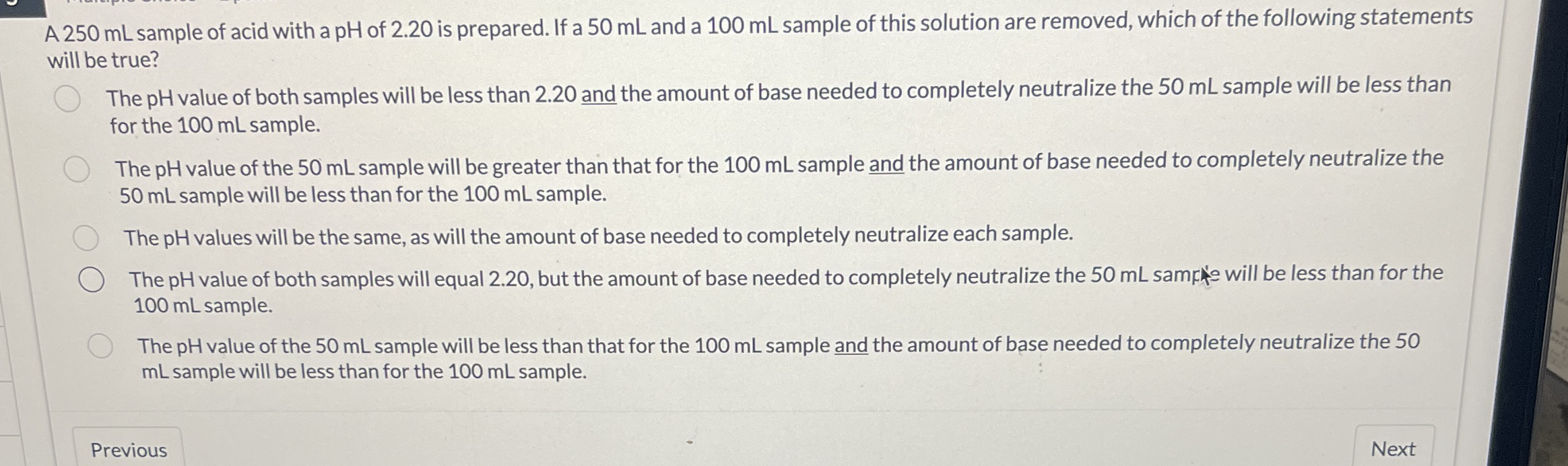 High Quality SOLUTION A 250 ﻿mL sample of acid with a pH of 2.20 ﻿is | Chegg.com
