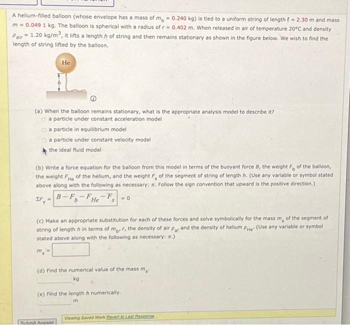 Solved A helium-filled balloon (whose envelope has a mass of | Chegg.com