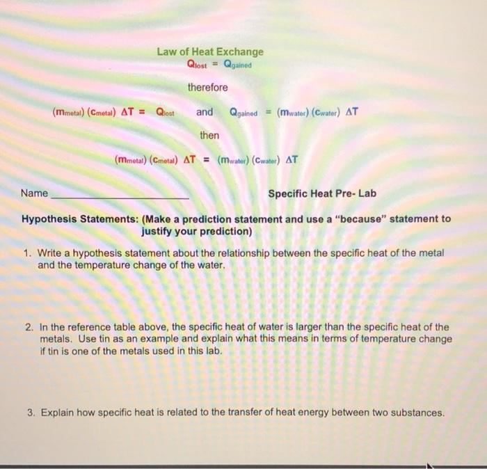 Solved Specific Heat Pre-Lab Introduction The method of | Chegg.com