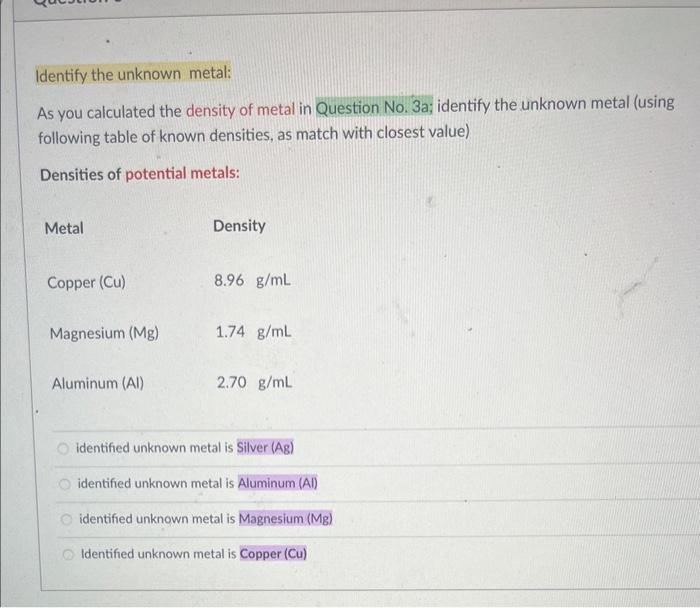 Solved Identify the unknown metal: As you calculated the | Chegg.com