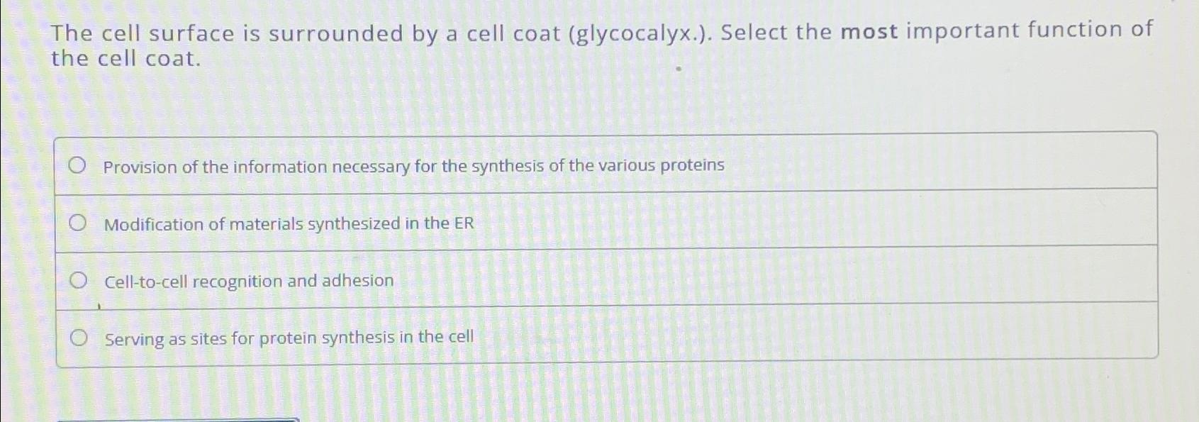 Solved The cell surface is surrounded by a cell coat | Chegg.com