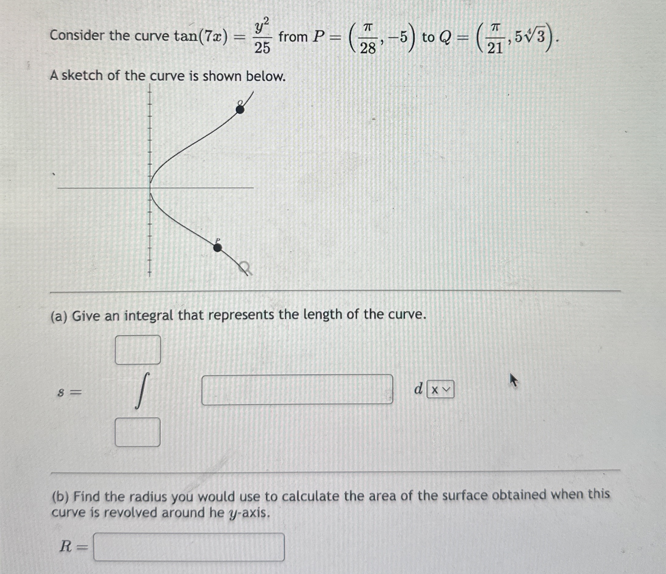 Solved Consider the curve tan(7x)=y225 ﻿from P=(π28,-5) ﻿to | Chegg.com