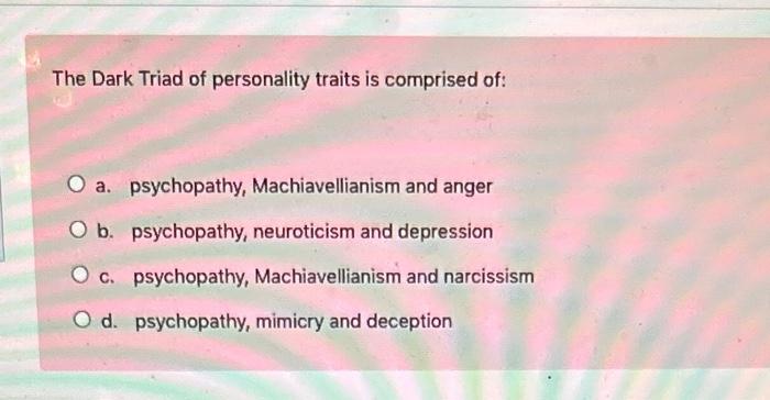 Solved The Dark Triad of personality traits is comprised of: | Chegg.com