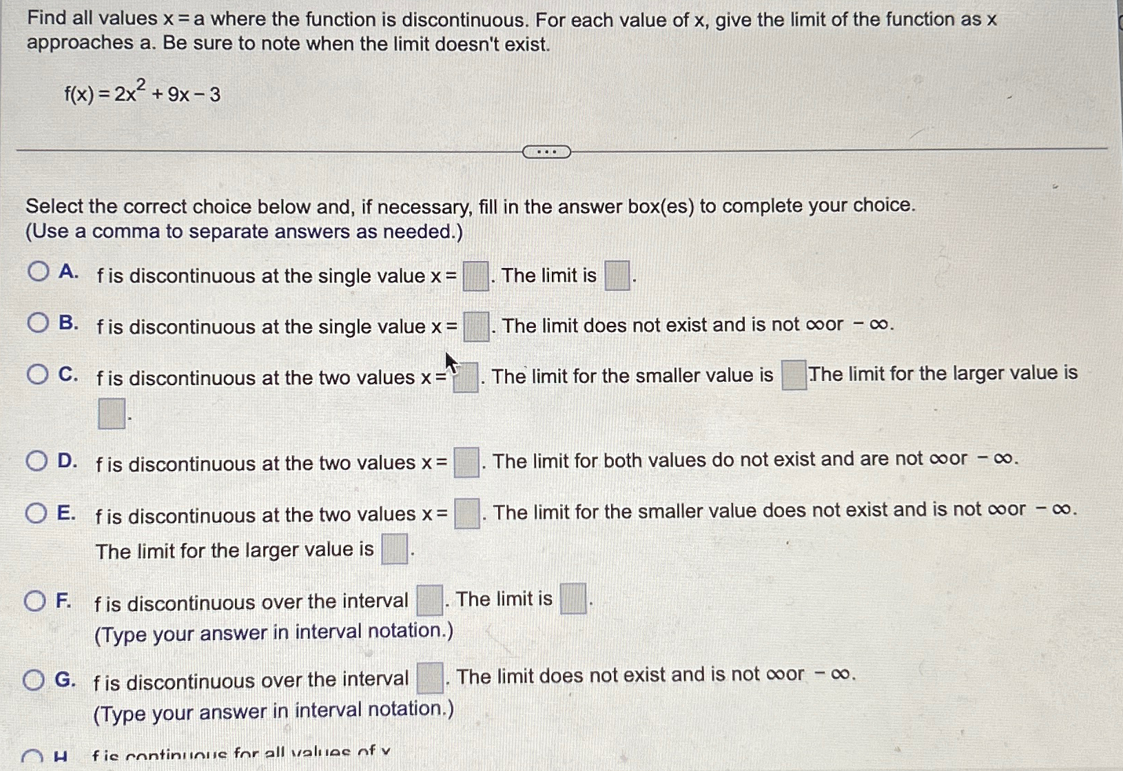 Solved Find all values x=a where the function is | Chegg.com