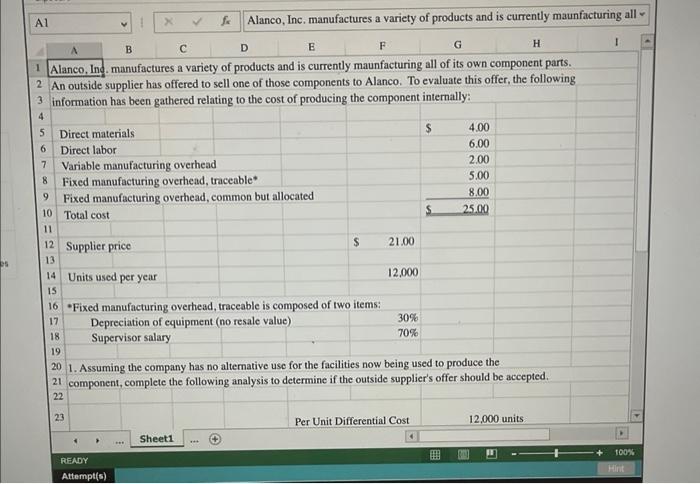 Solved Preparing a Make or Buy Analysis using Excel's SUM, | Chegg.com