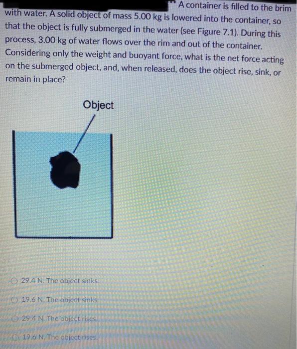 Solved A container is filled to the brim with water. A solid | Chegg.com