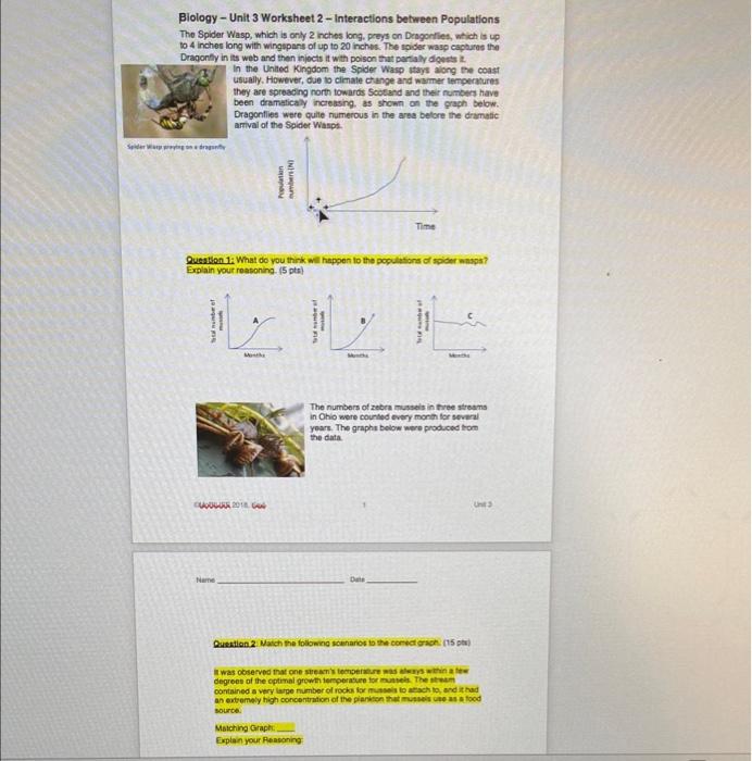 Solved Biology - Unit 3 Worksheet 2 - Interactions between | Chegg.com