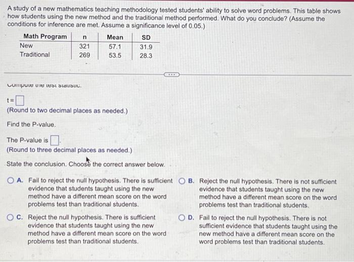 Solved A study of a new mathematics teaching methodology | Chegg.com