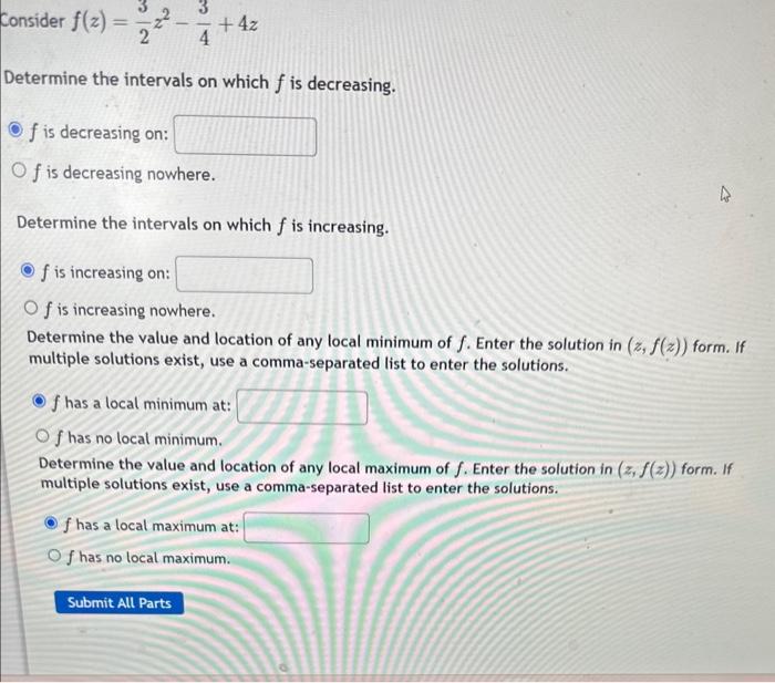 Solved Consider f(z)=23z2−43+4z Determine the intervals on | Chegg.com