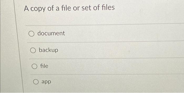 Solved A copy of a file or set of files document O backup O | Chegg.com