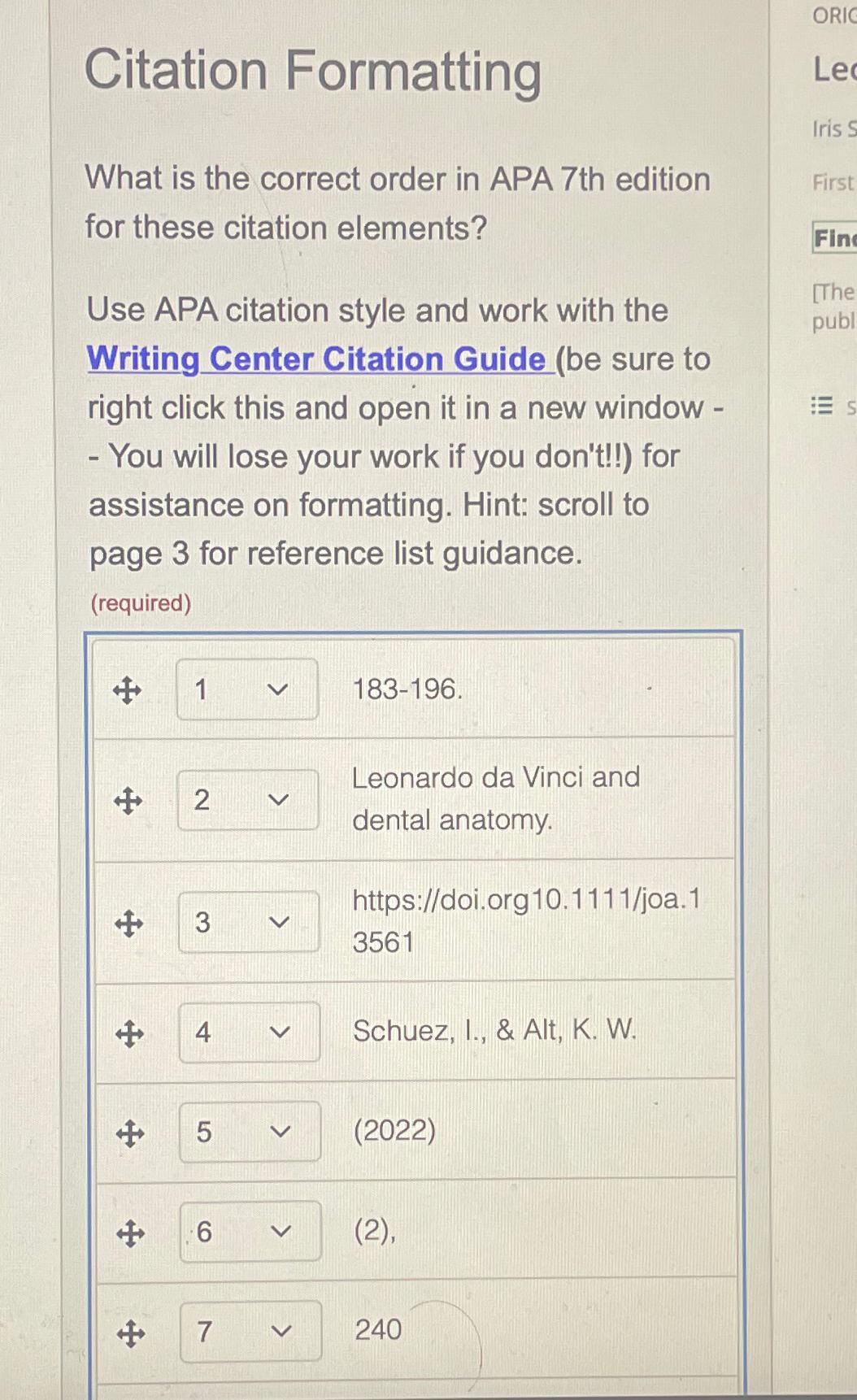 Solved Citation FormattingWhat is the correct order in APA | Chegg.com