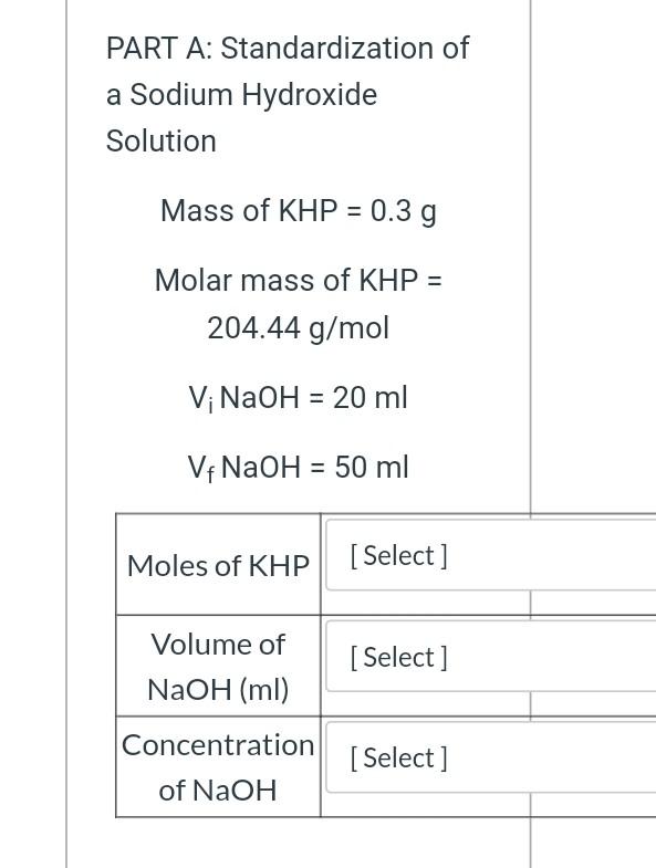 Solved PART A: Standardization of a Sodium Hydroxide | Chegg.com