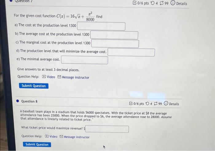 Solved For the given cost function C(x)=16x+8000x2 find a) | Chegg.com
