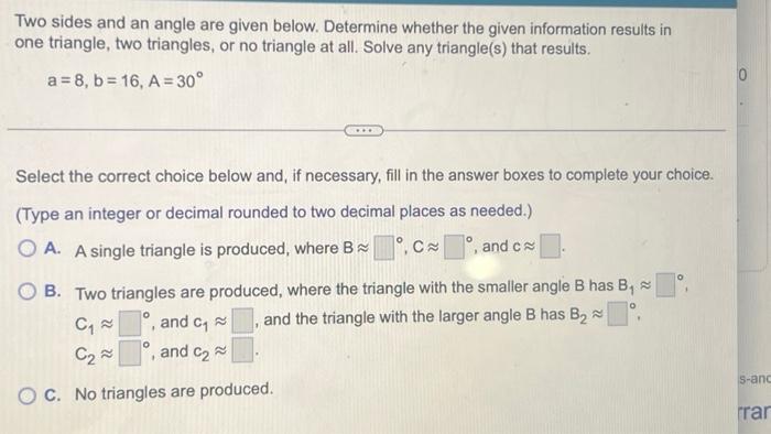 Solved Two sides and an angle are given below. Determine | Chegg.com
