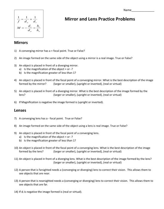 Solved Name Mirror and Lens Practice Problems 1 1 1 1 d d M- | Chegg.com