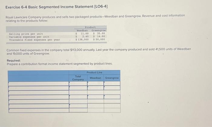 Solved Exercise 6-4 Basic Segmented Income Statement [LO6-4] | Chegg.com