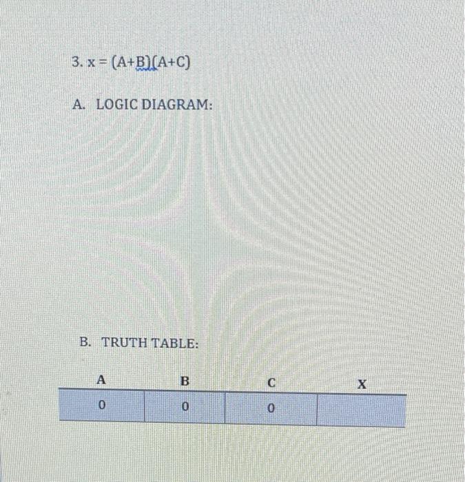 Solved 3. x = (A+B)(A+C) A. LOGIC DIAGRAM: B. TRUTH TABLE: A | Chegg.com