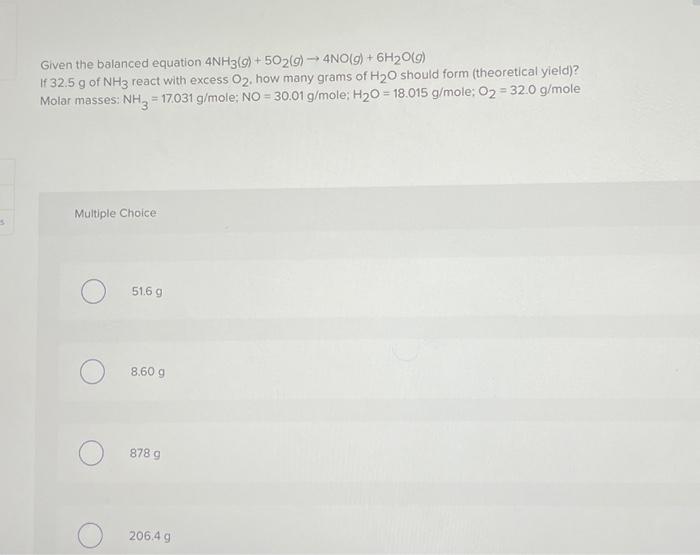 Solved S Given the balanced equation 4NH3(g) + 502(g) →→ | Chegg.com