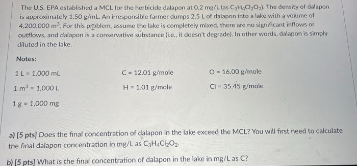 Solved The U.S. EPA established a MCL for the herbicide | Chegg.com
