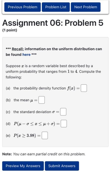 Assignment 06: Problem 5 (1 point) Recall: | Chegg.com