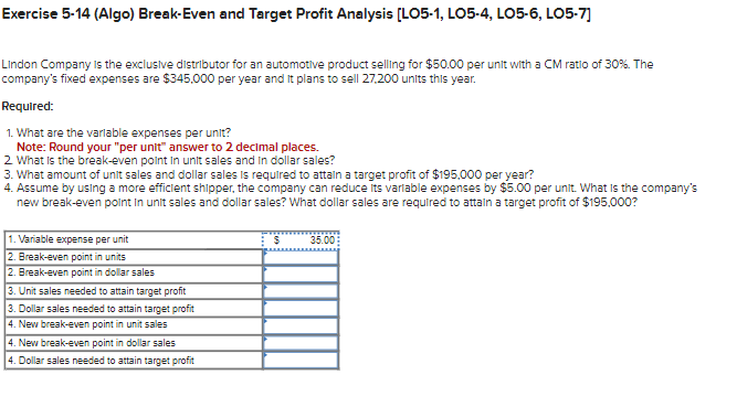 Solved EXERCISE 5-14 ﻿Break-Even and Target Profit Analysis | Chegg.com