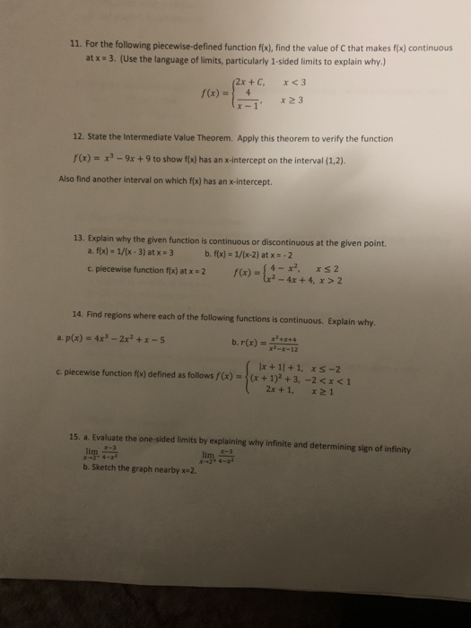 Solved 11. For the following piecewise-defined function | Chegg.com