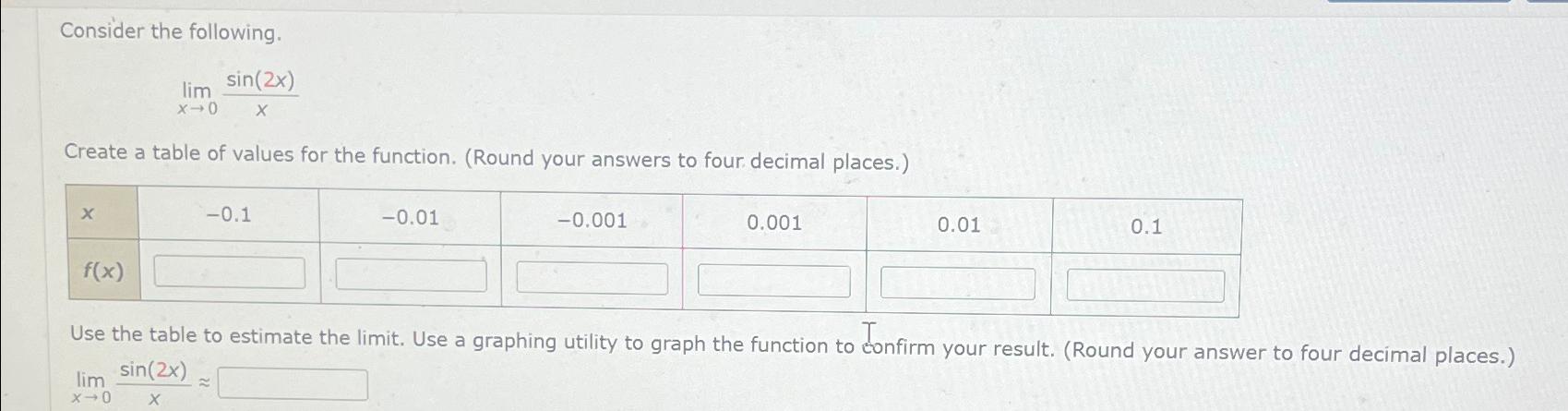Solved Consider the following.limx→0sin(2x)xCreate a table | Chegg.com