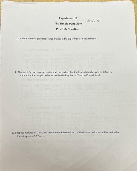 Experiment 13 The Simple Pendulum Post Lab Questions | Chegg.com
