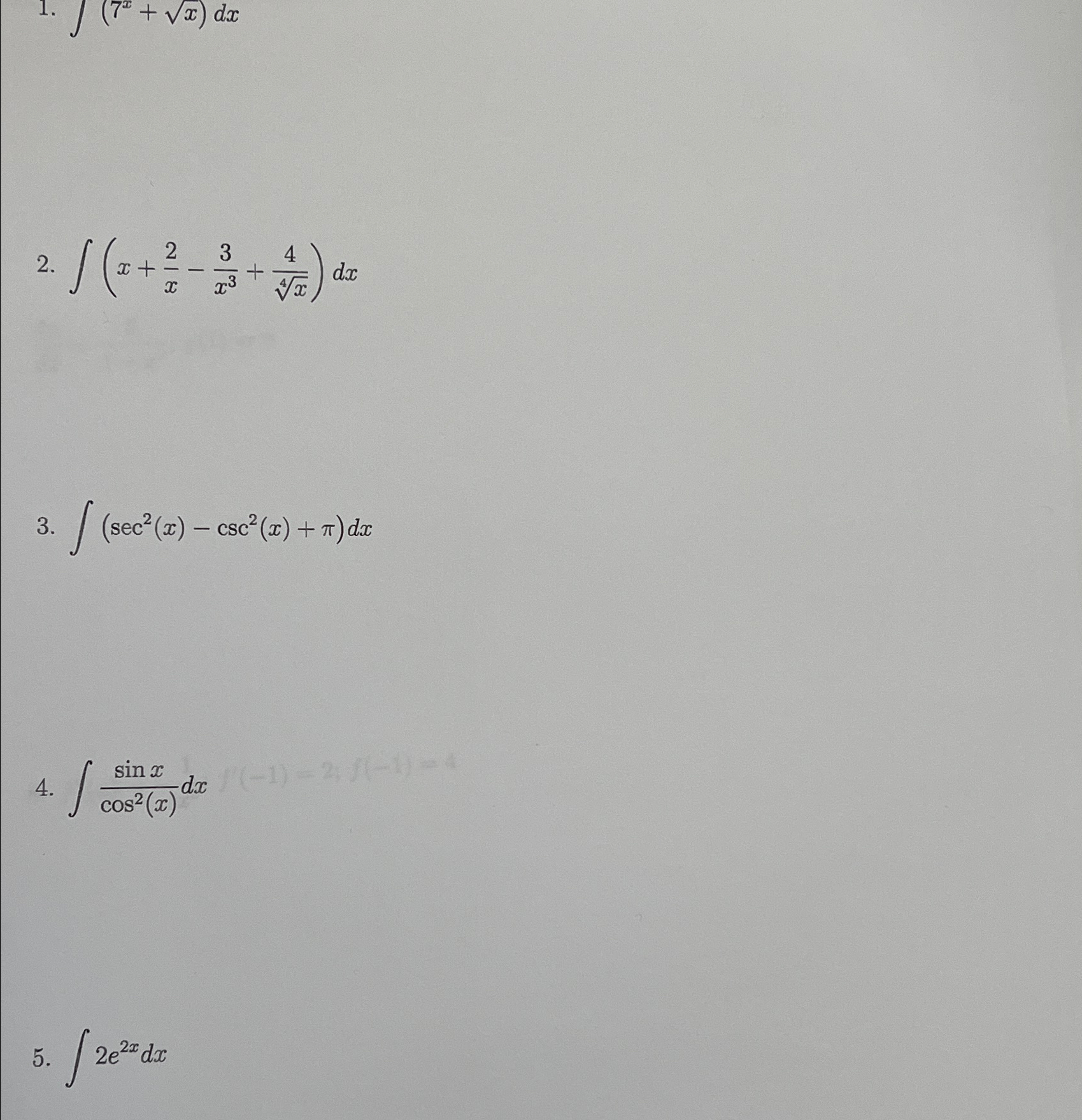 Solved ∫﻿﻿(x+2x-3x3+4x4)dx∫﻿﻿(sec2(x)-csc2(x)+π)dx∫﻿﻿sinxcos | Chegg.com