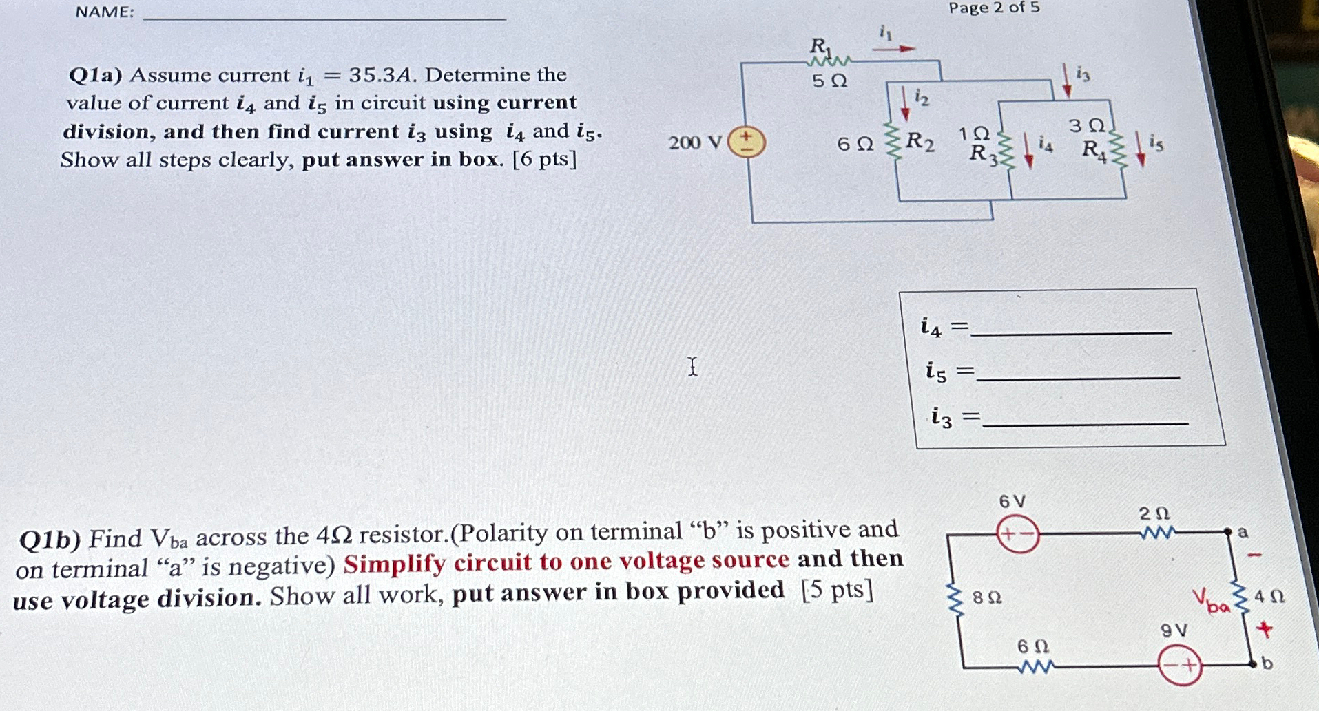 Solved NAMEPage 2 ﻿of 5Q1a) ﻿Assume current i1=35.3A. | Chegg.com