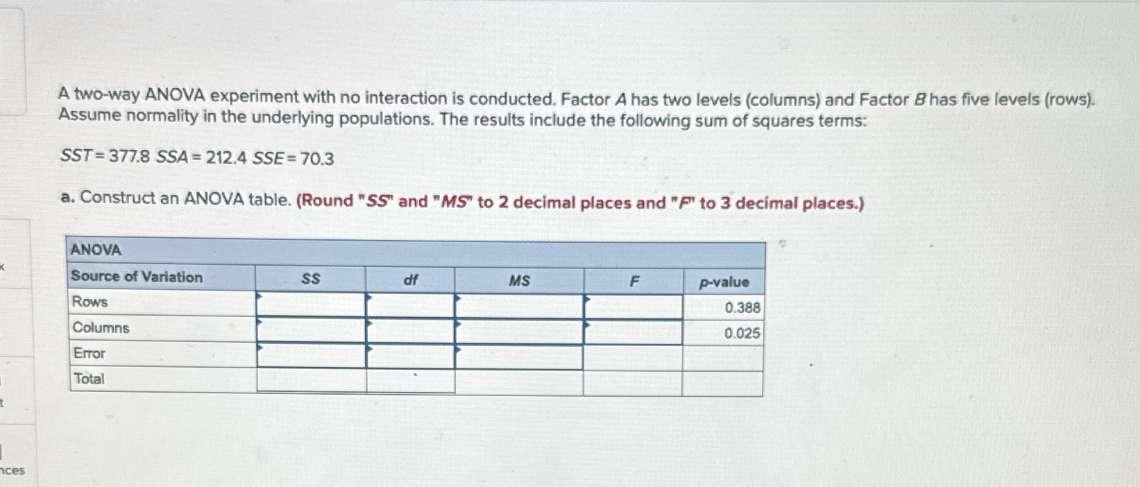 Solved A two-way ANOVA experiment with no interaction is | Chegg.com