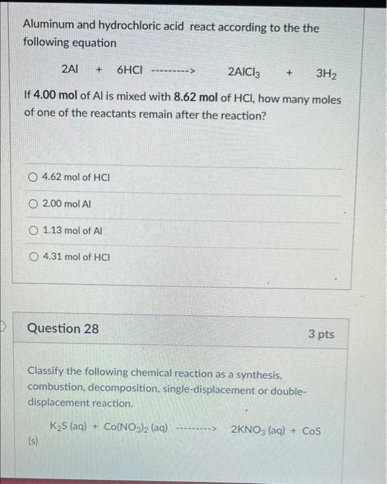 Solved Aluminum and hydrochloric acid react according to the | Chegg.com