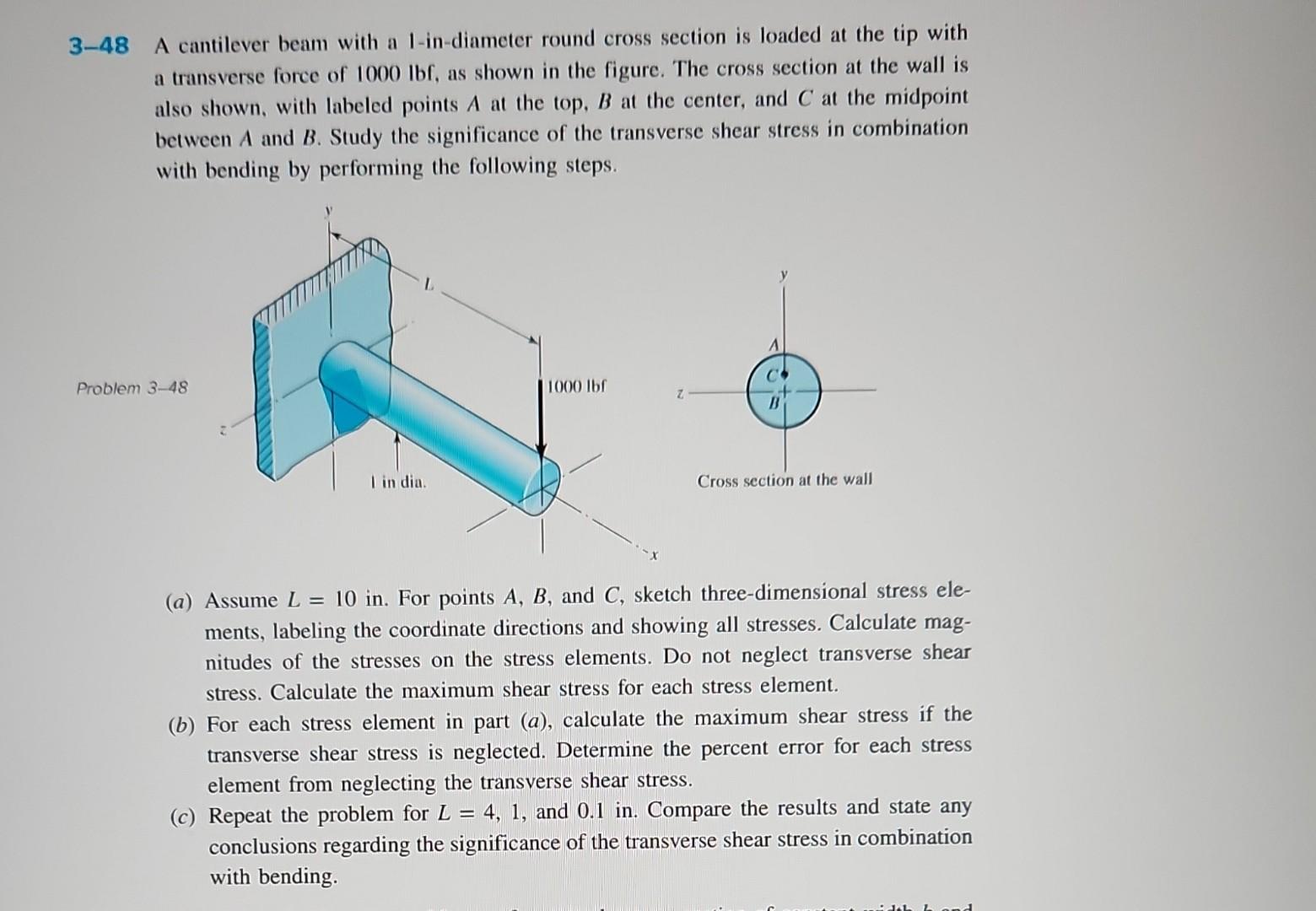Solved 3-48 A cantilever beam with a 1 -in-diameter round | Chegg.com