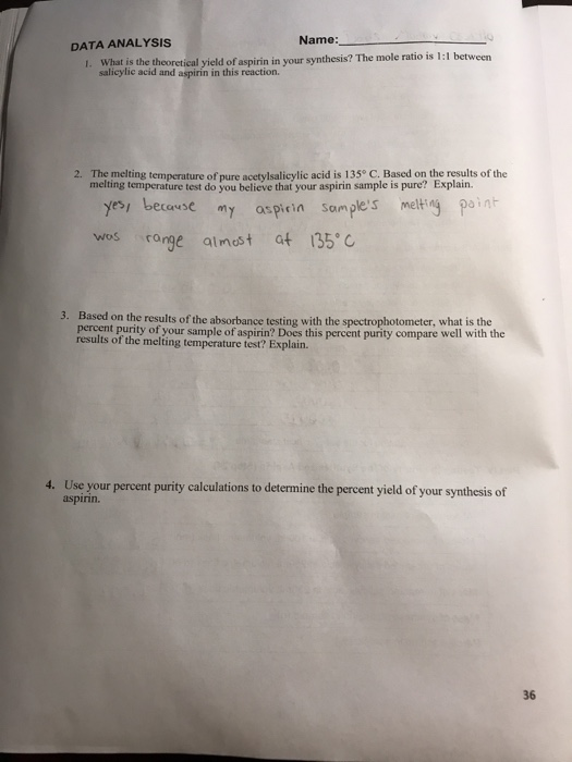 Solved Name:_ DATA TABLE Part 1 Synthesis of Aspirin Mass of | Chegg.com