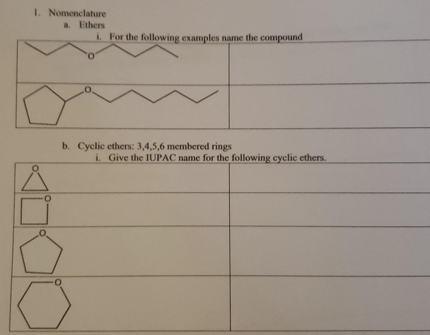 Solved 1. Nomenclature a. Ethers 1. For the following | Chegg.com