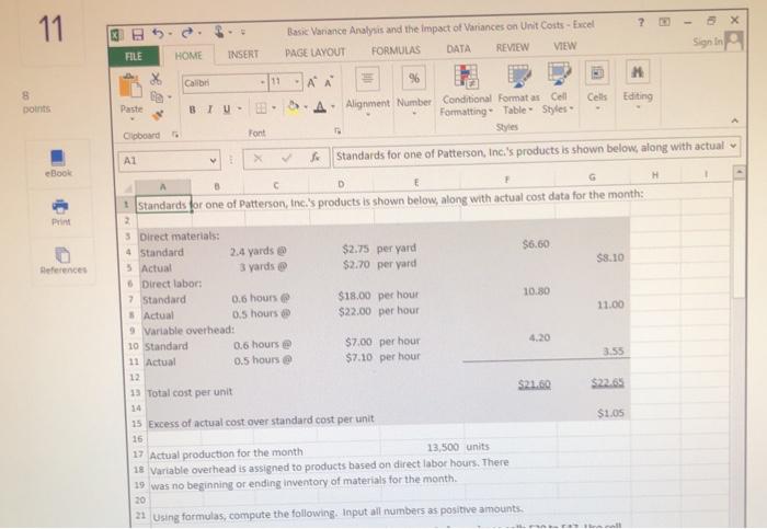 Solved ? 11 Basic Variance Analysis and the impact of | Chegg.com