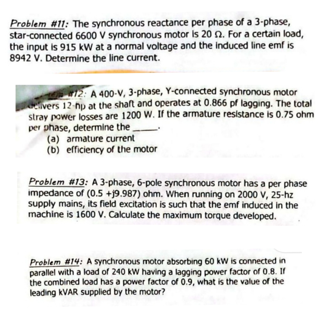 Solved Problem #11: The synchronous reactance per phase of a | Chegg.com