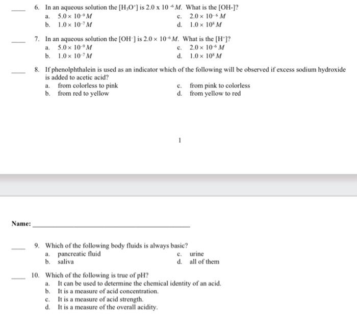 Solved 6. In an aqueous solution the [H3O+]is 2.0×10−6M. | Chegg.com